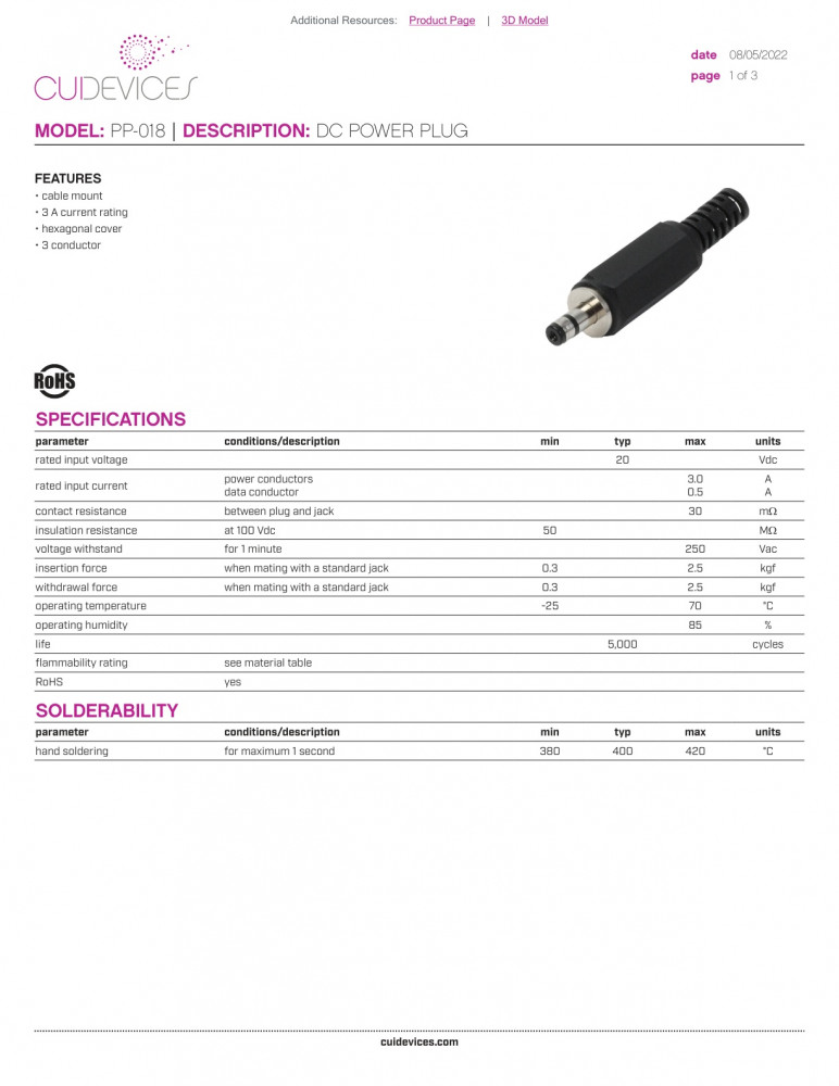 CUI PP-018 datasheet page 1