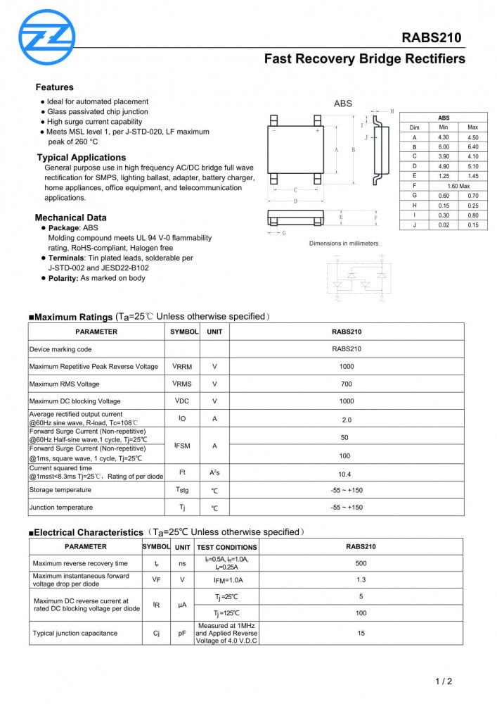 baocheng RABS210 datasheet page 1