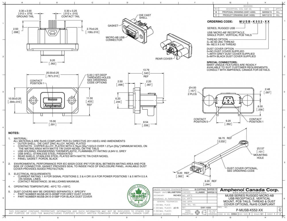 Amphenol MUSB-K552-30 product drawing page 1