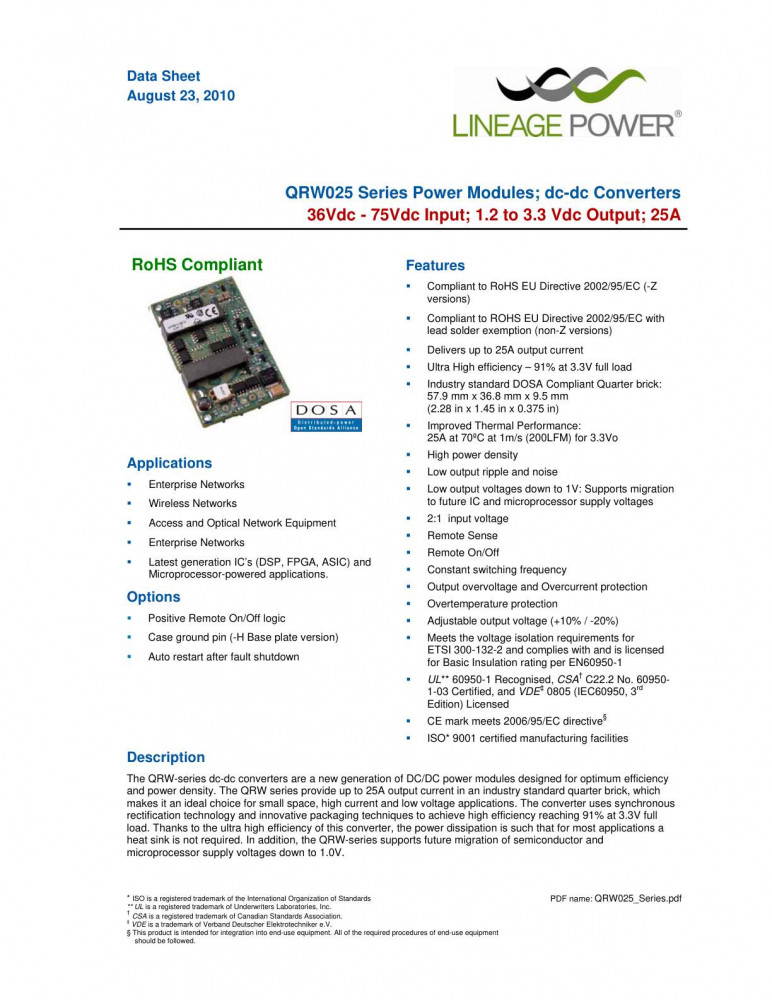 QRW025A0G41 technical document page 1