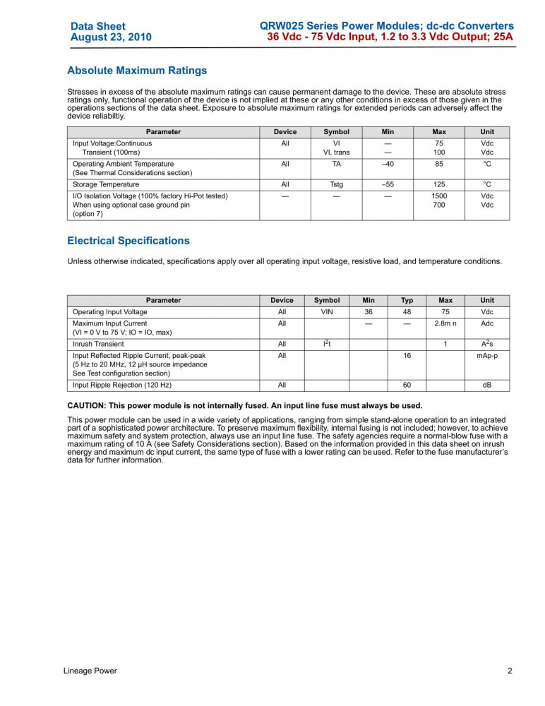 QRW025A0G41 technical document page 2
