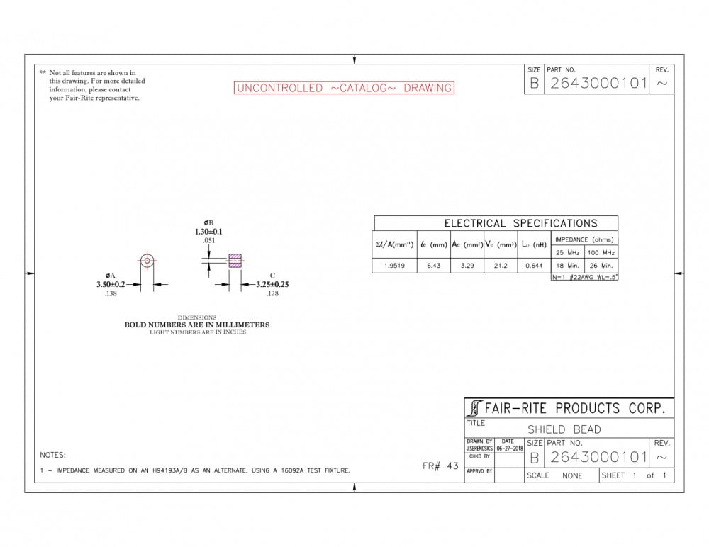 Fair-Rite 2643000101 technical document page