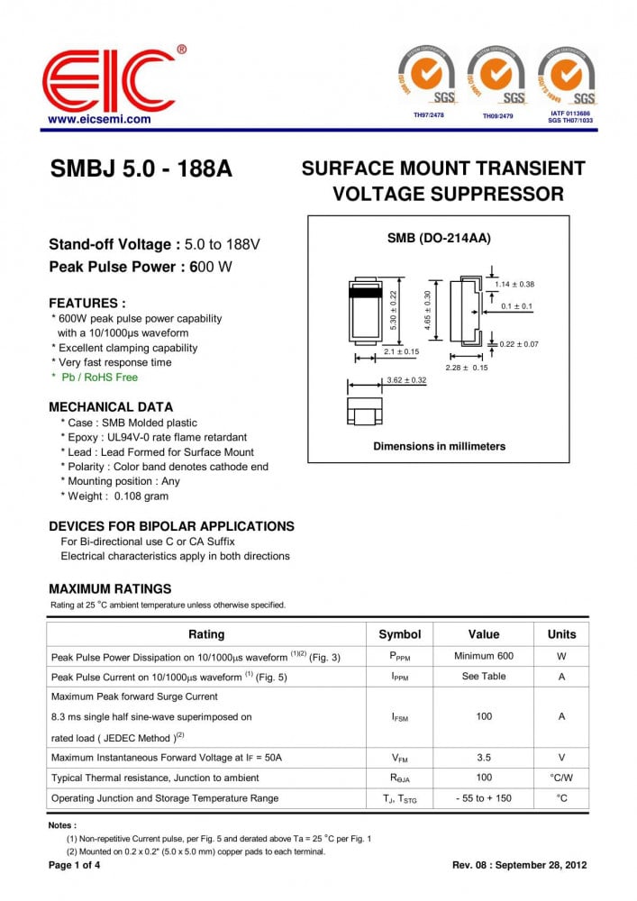 EIC SMBJ series datasheet page 1