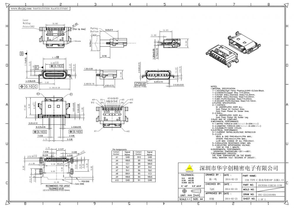 HOAUC HYCW394-USBC16-113B product drawing