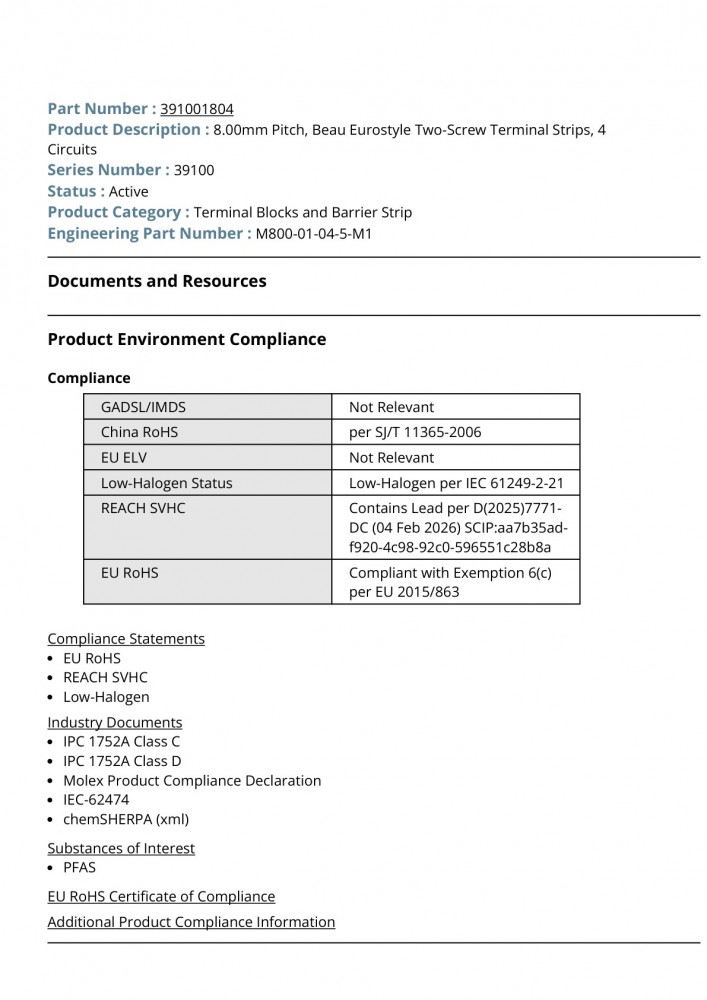 MOLEX 391001804 technical document page 1