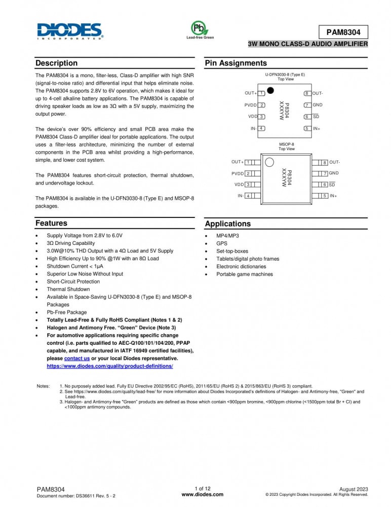 PAM8304AYR datasheet page 1