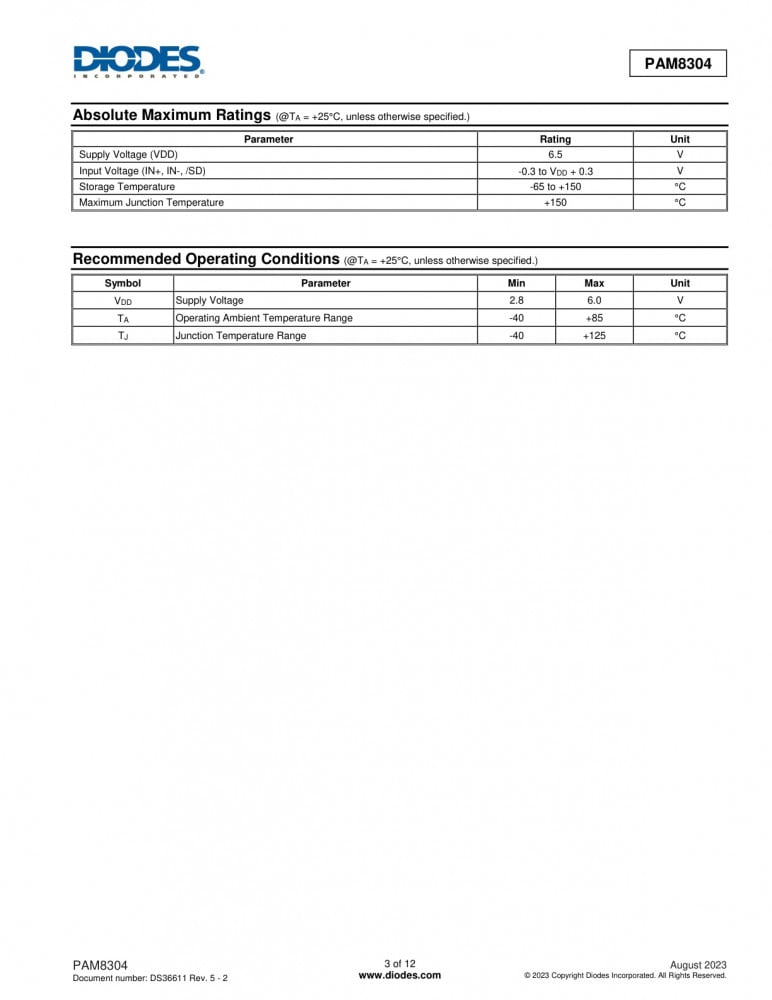PAM8304AYR datasheet page 3