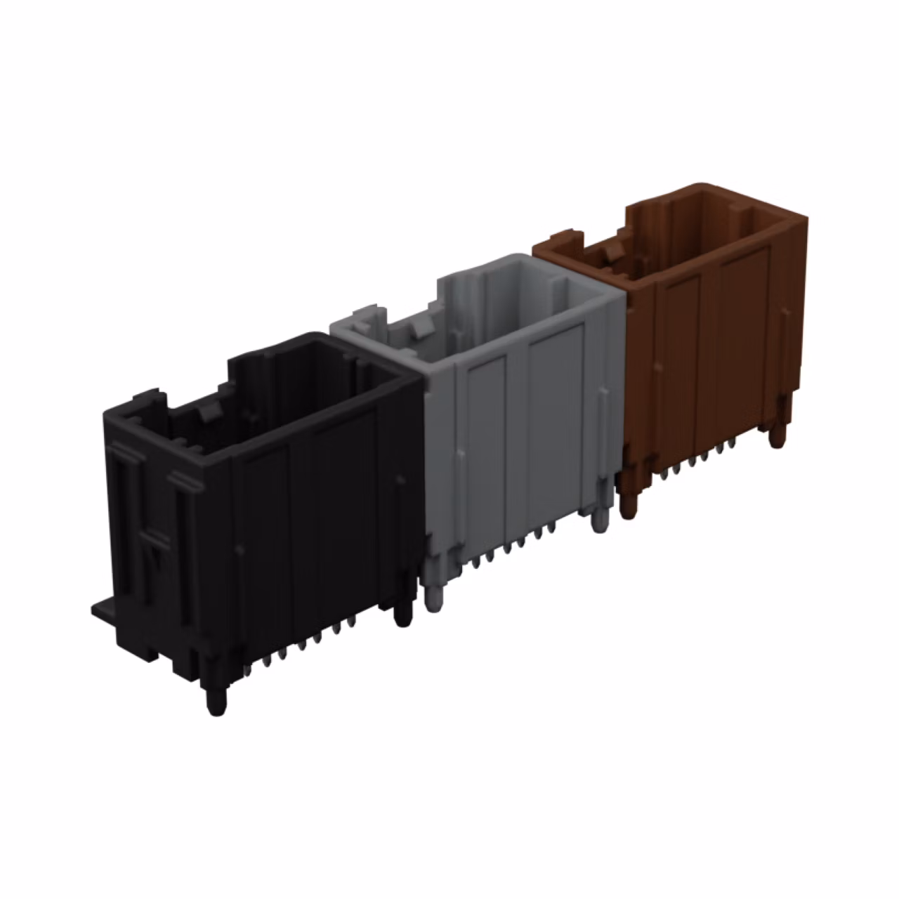 Stac64 4 Bay Right-Angle Headers 54 Circuits, Bay A 20 Circuit Signal Header, Polarization B, Gray; Bay B 16 Circuit Signal Header, Polarization A, Black; Bay C 8 Circuit Signal Header, Polarization A, Black; Bay D 10 Circuit Power Header, Polarization A, 