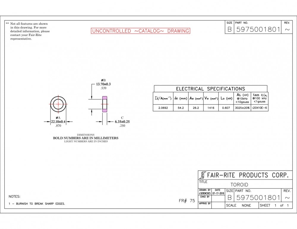 Fair-Rite 5975001801 technical document page