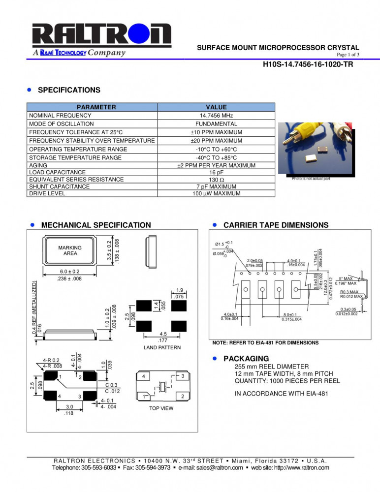 Raltron H10S-14.7456-16-1020-TR specification page 1