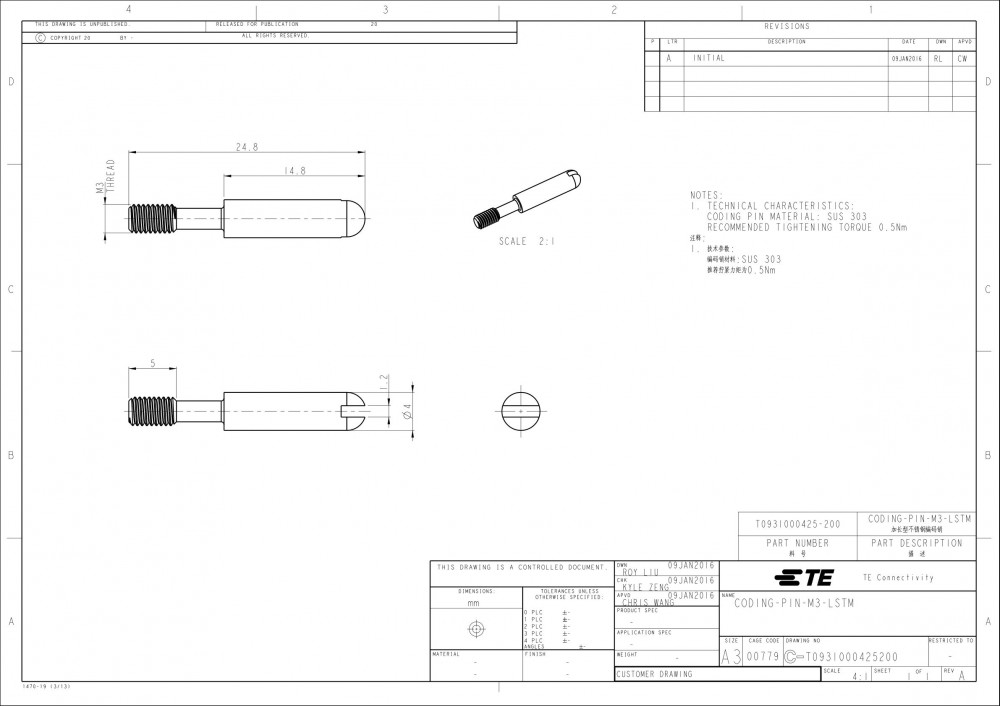 TE Connectivity T0931000425-200 technical drawing page