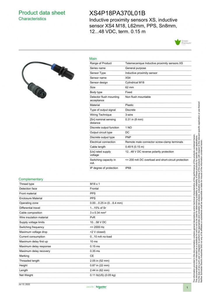 XS4P18PA370L01B technical document page 1