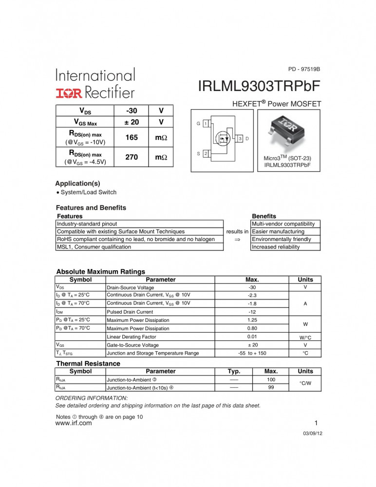 IRLML9303TRPBF datasheet page 1
