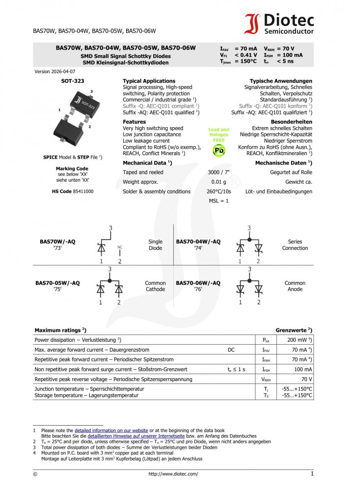 DIOTEC BAS70W family datasheet page 1