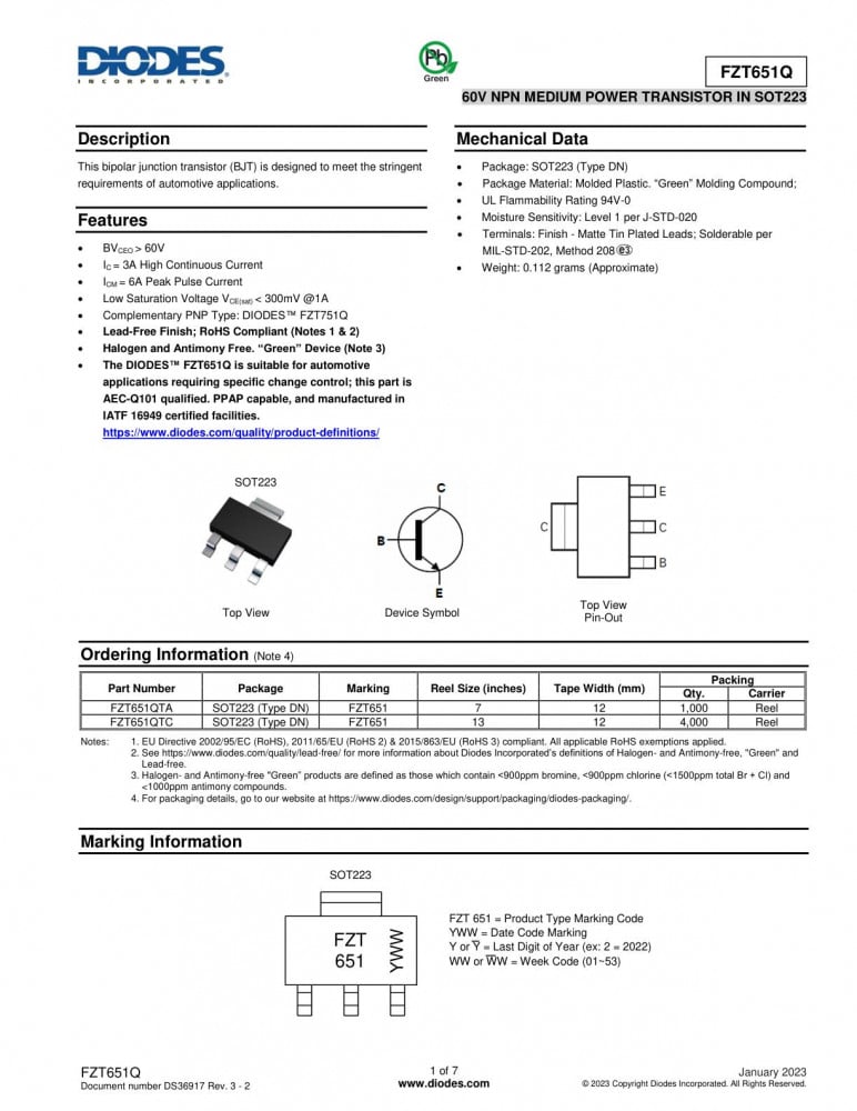 FZT651QTA datasheet page 1