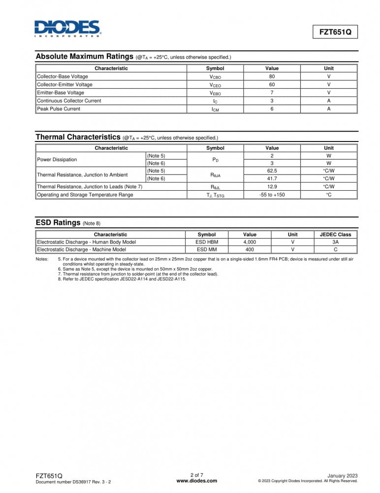 FZT651QTA datasheet page 2