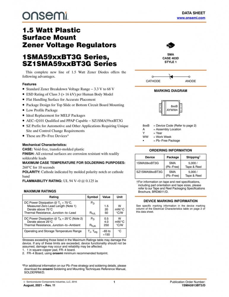 1SMA5937BT3G datasheet page 1
