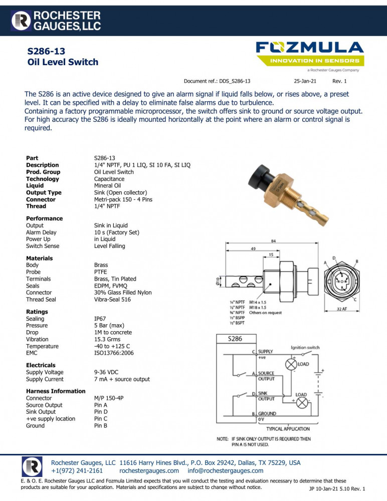 S286-13 oil level switch technical document page