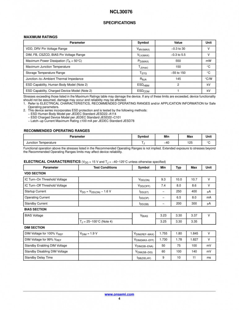 NCL30076 datasheet page 4