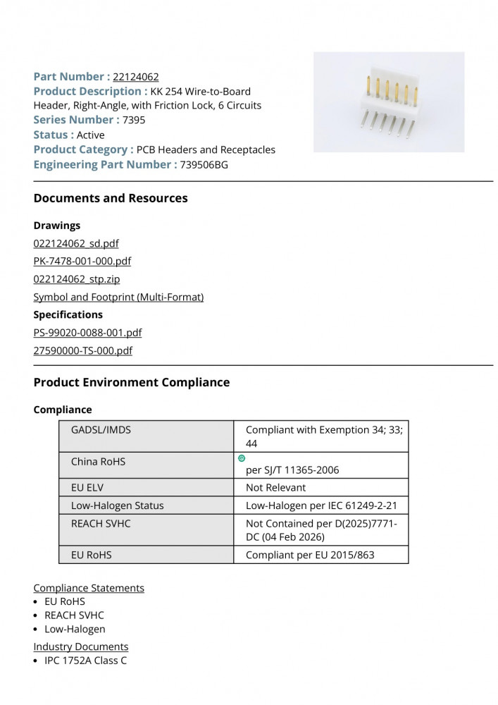 MOLEX 22124062 technical document page 1