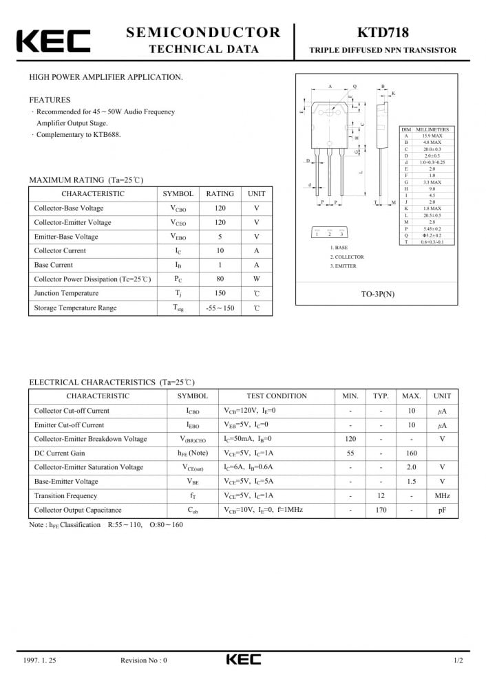 KEC KTD718-O-U/P datasheet page 1