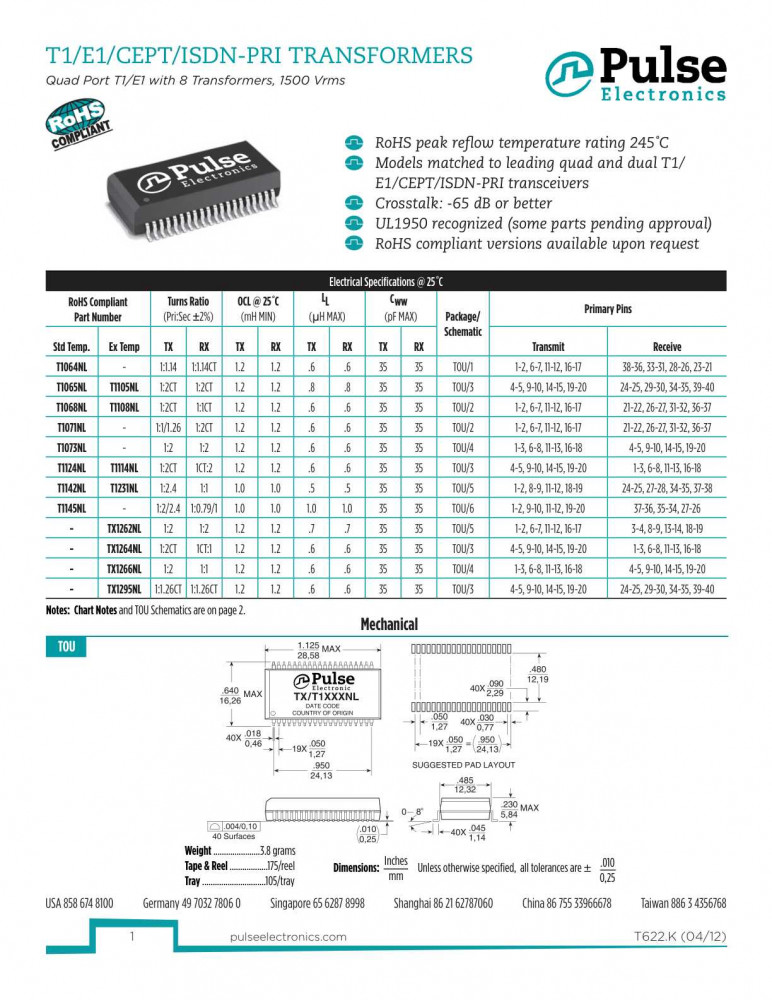 PULSE T1 E1 transformer datasheet page 1