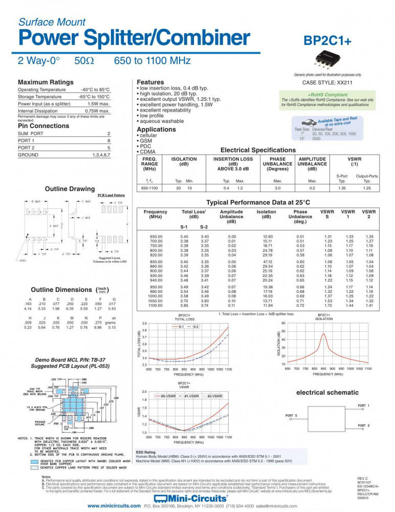Mini-Circuits BP2C1+ technical document page