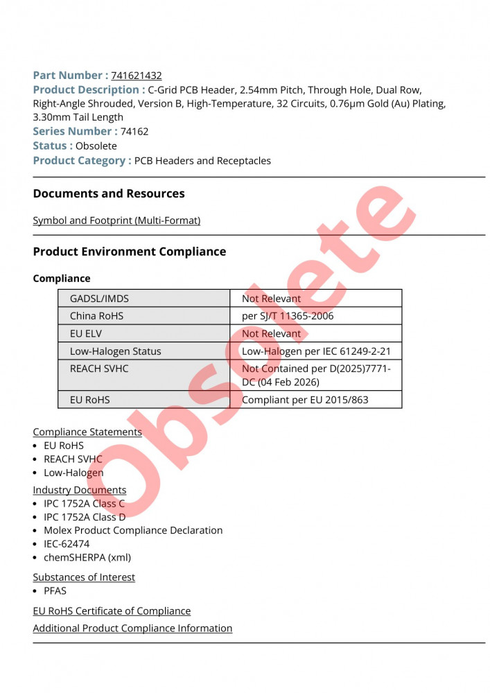MOLEX 741621432 product document, page 1