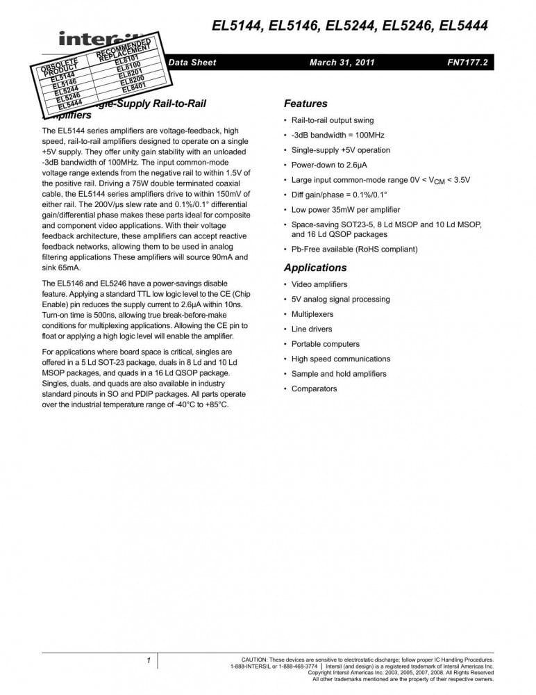 EL5146CSZ datasheet page 1