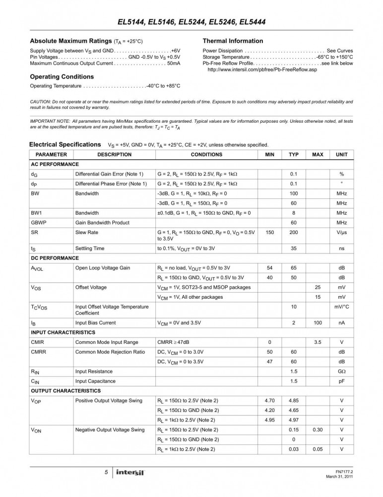 EL5146CSZ datasheet page 5
