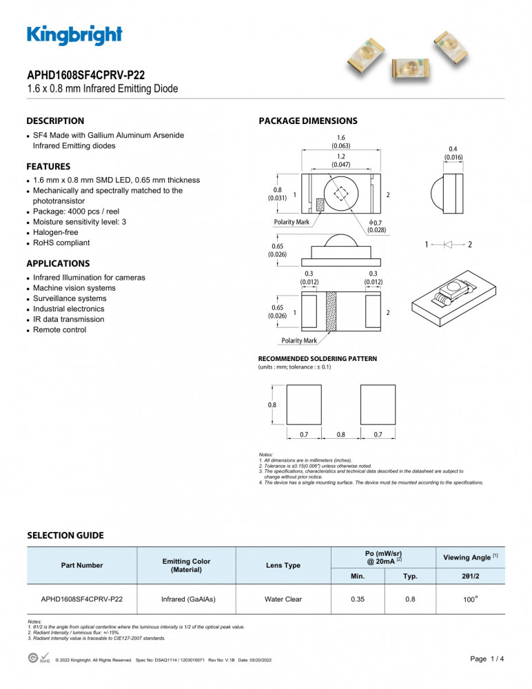 APHD1608SF4CPRV-P22 datasheet page 1