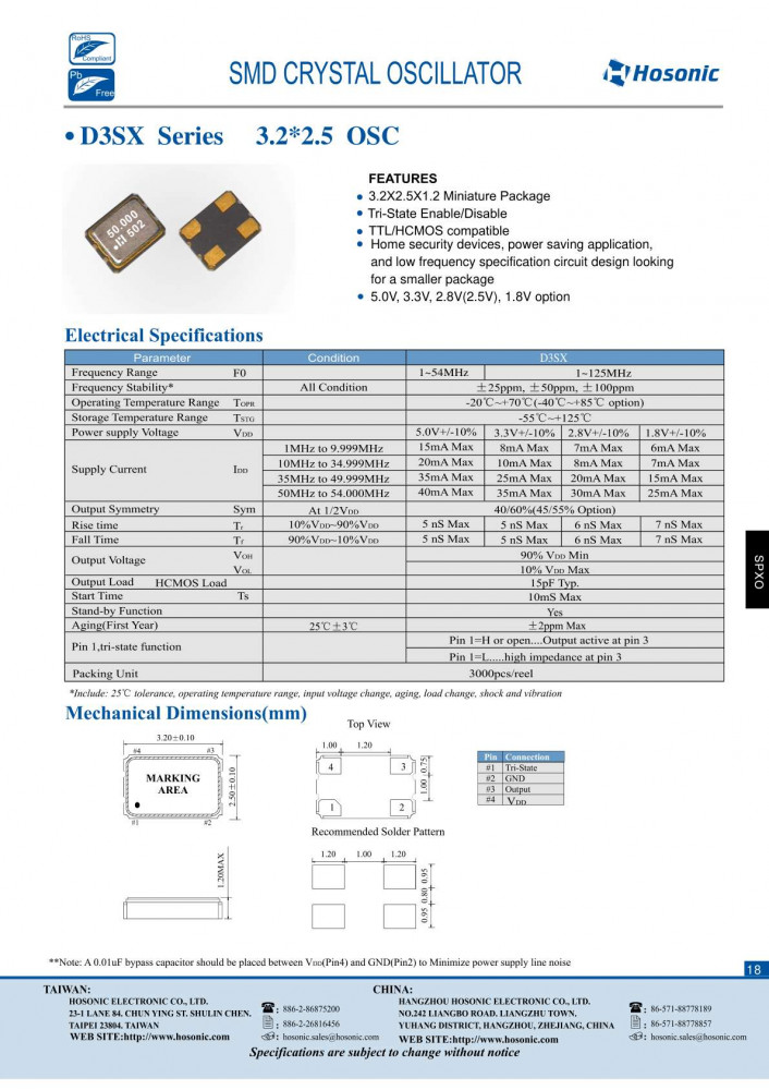 HOSONIC D3SX series oscillator datasheet page