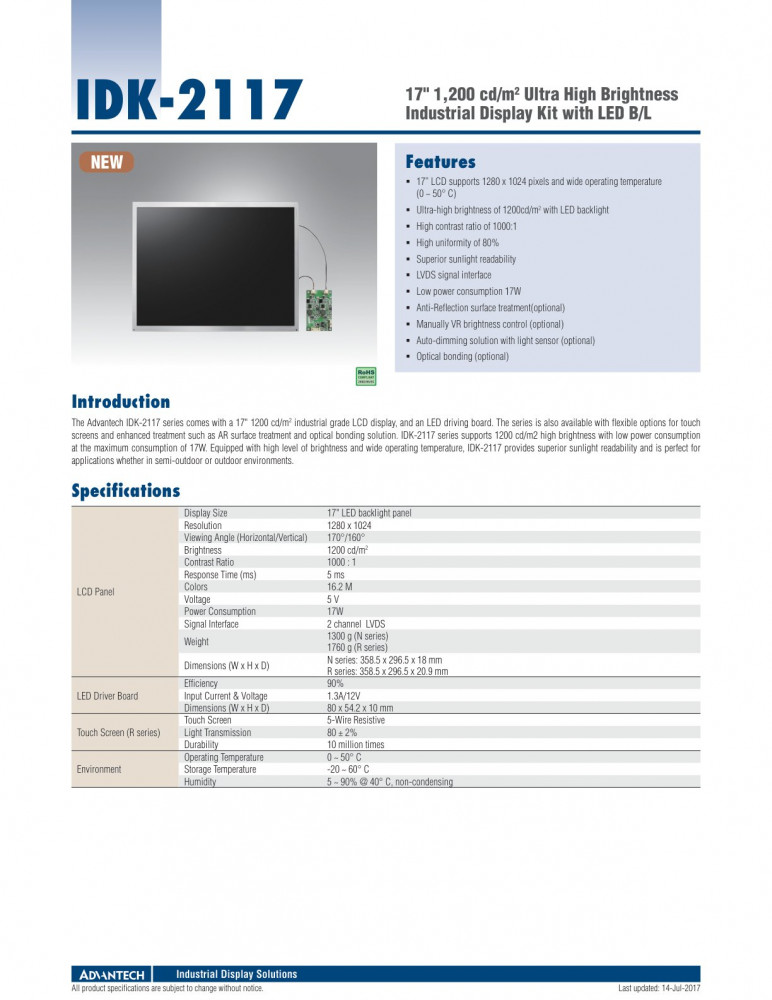 ADVANTECH IDK-2117 technical document page 1