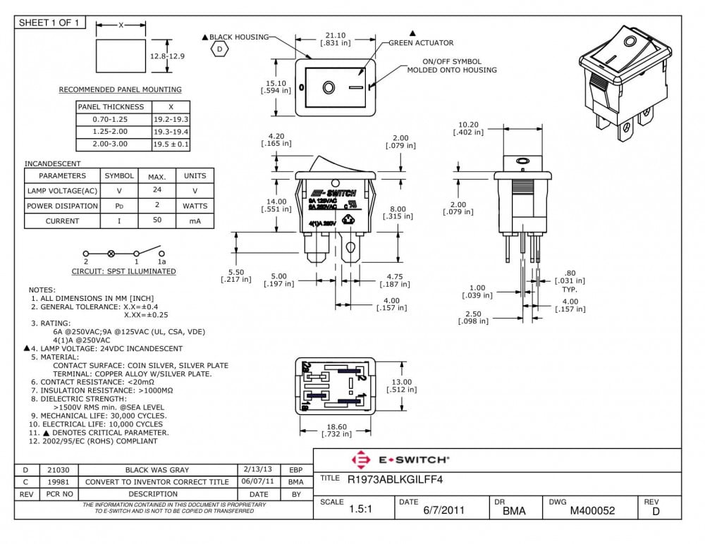 E-Switch R1973ABLKGILFF4 technical drawing page