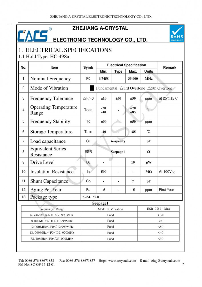 HC-49Sa specification document, page 2