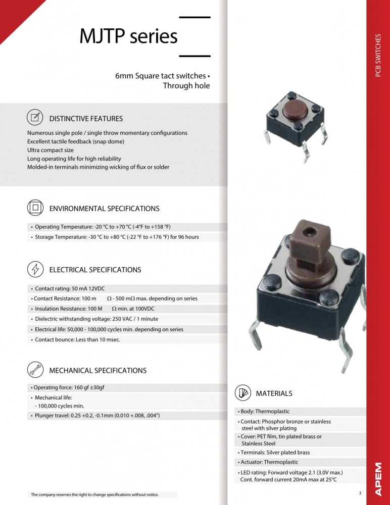 APEM MJTP datasheet page 3