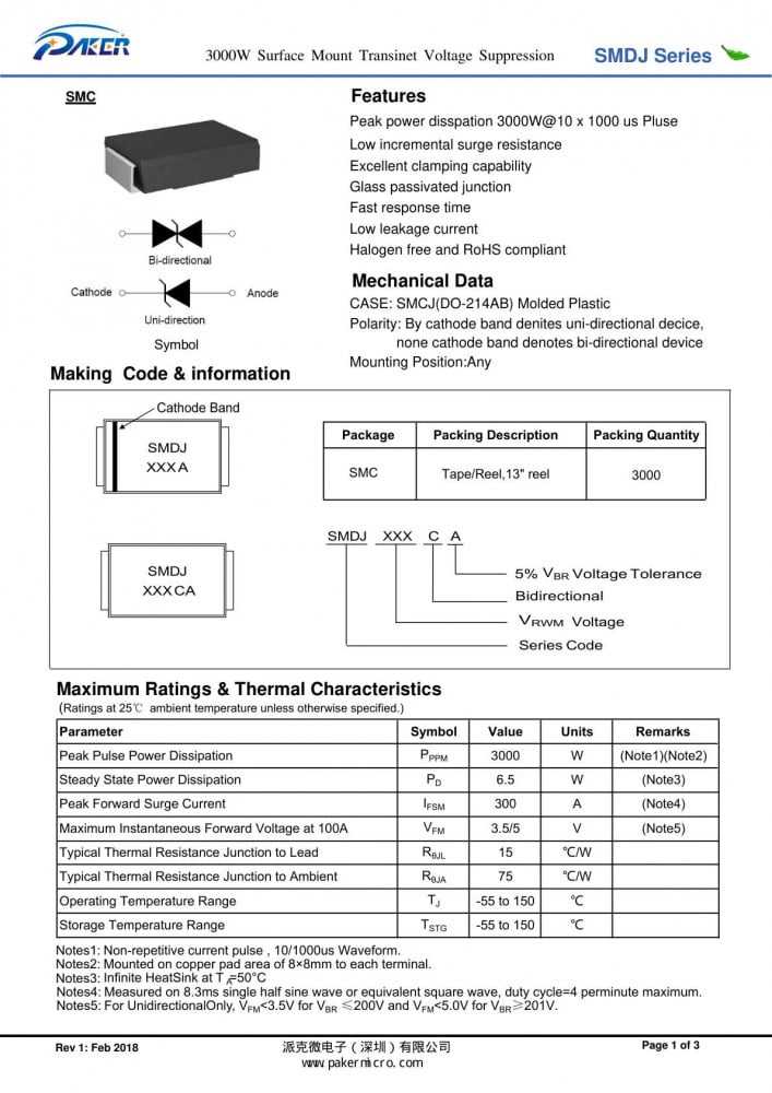 PAKER SMDJ series datasheet page 1