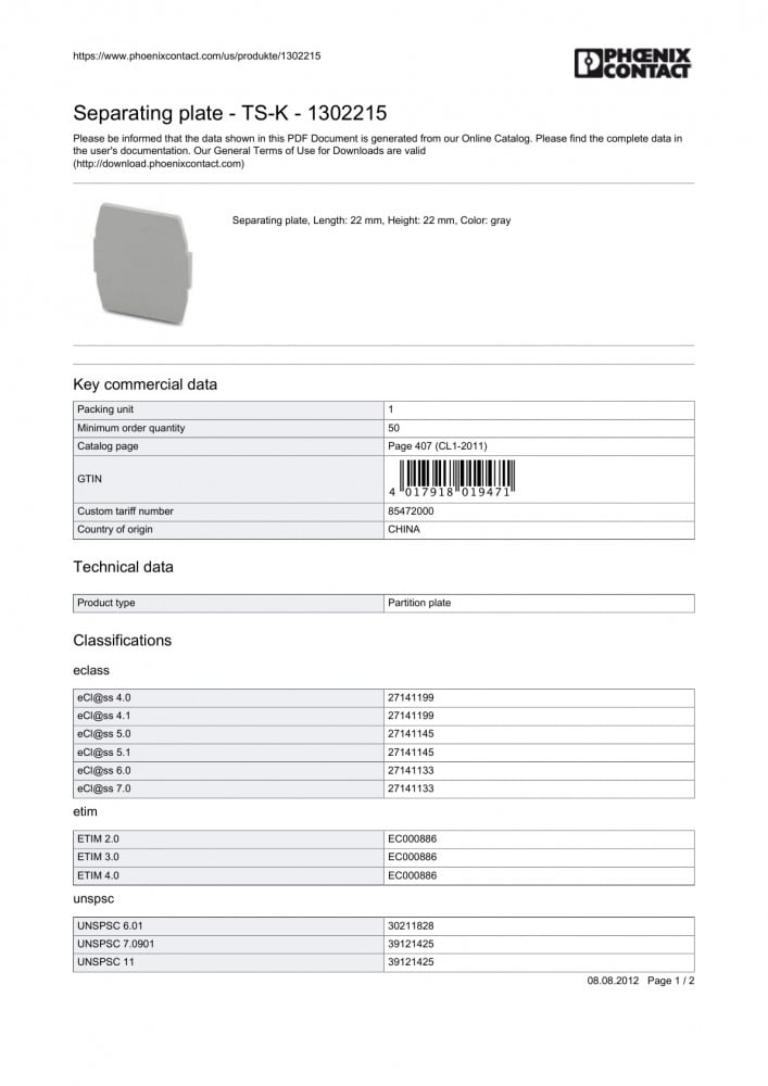 Phoenix Contact TS-K 1302215 document page 1