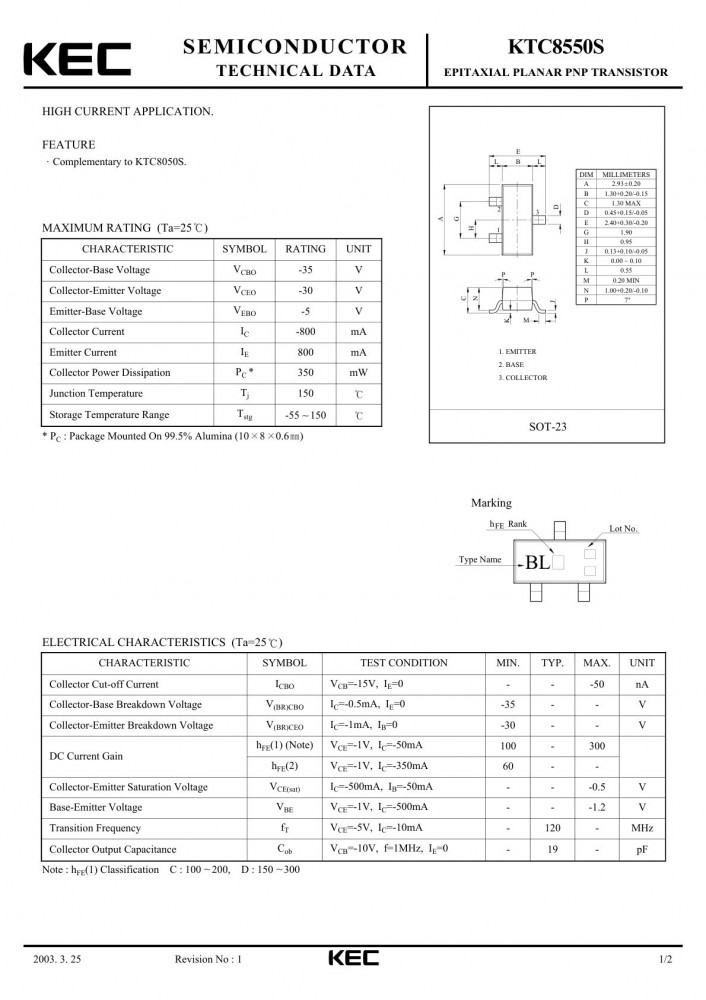 KTC8550S-C-RTK/P datasheet page 1