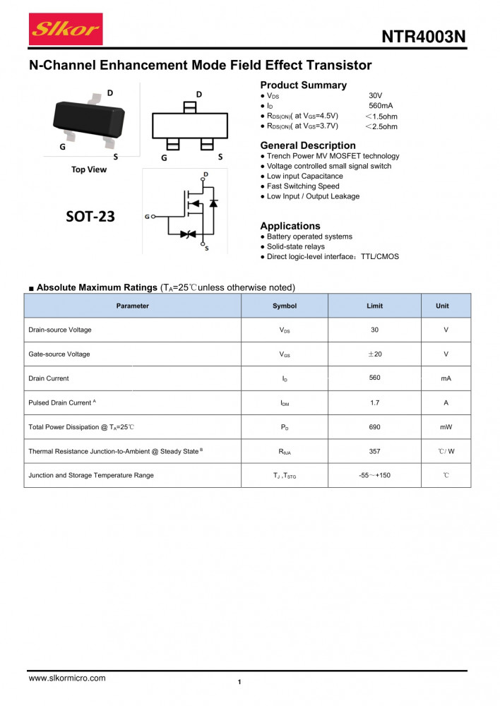 NTR4003N datasheet page 1