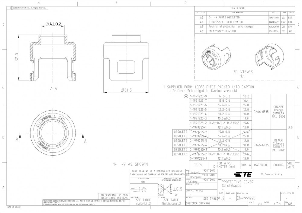 TE Connectivity 1991225-1 controlled drawing preview