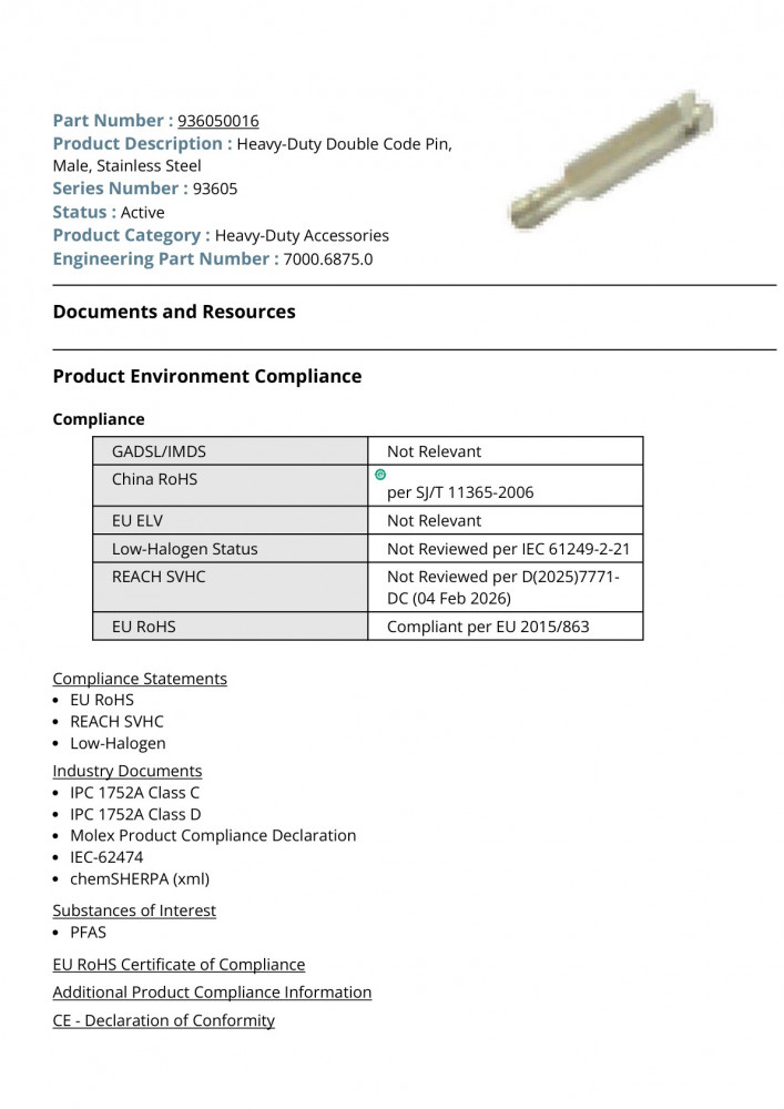 MOLEX 936050016 product document image, page 1