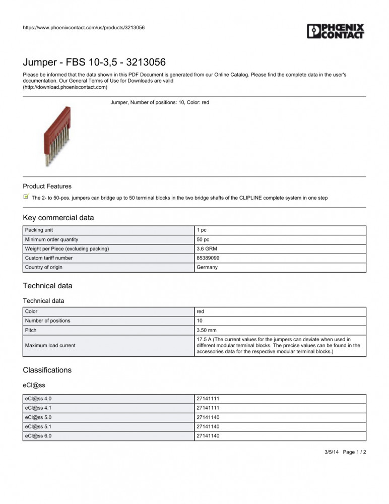 Phoenix Contact 3213056 FBS 10-3,5 technical document page 1