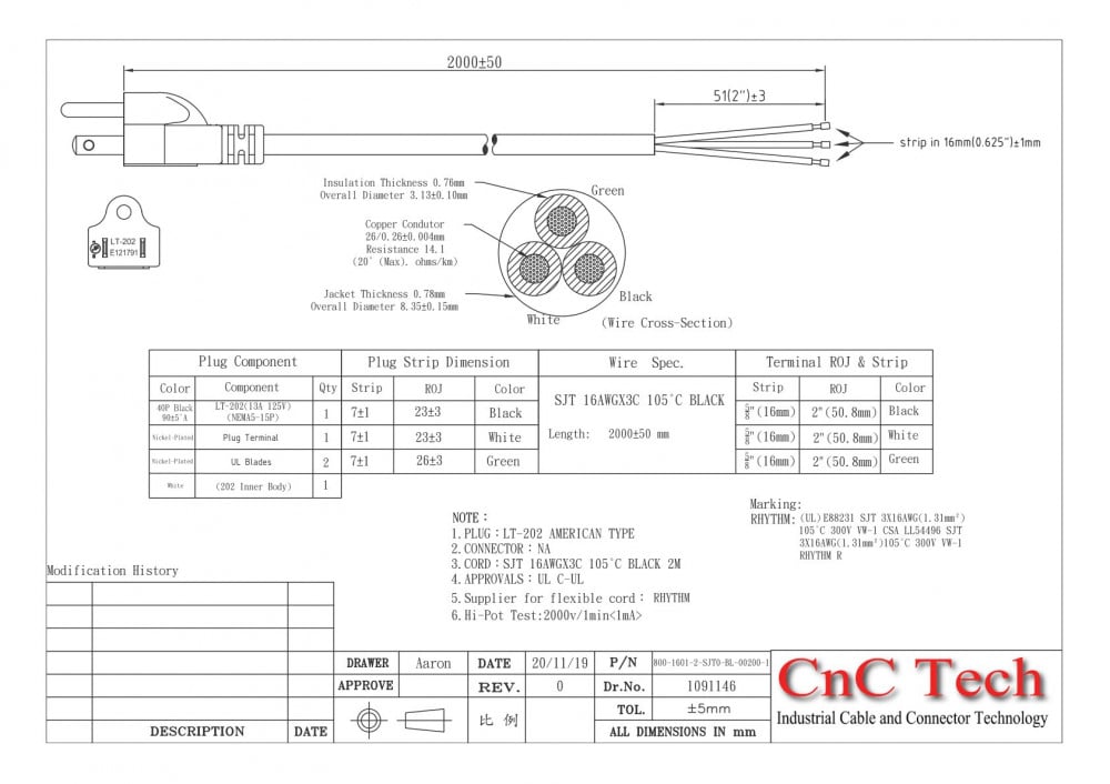 CNC Tech 800-1601-2-SJT0-BL-00200-1 technical drawing