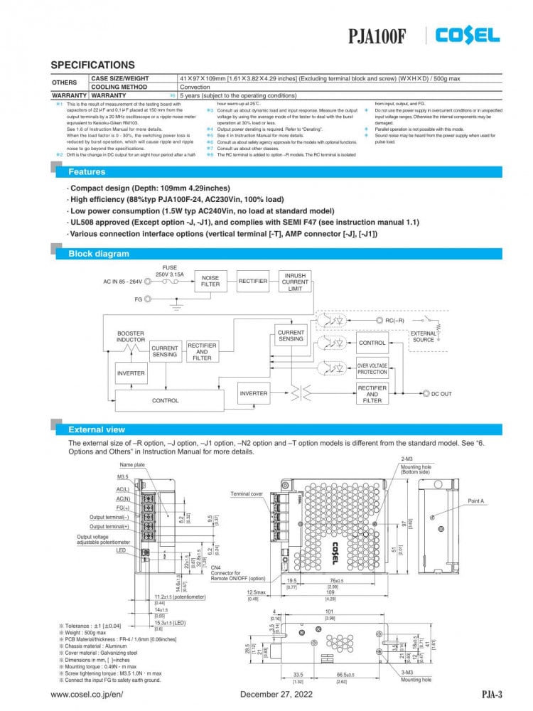 Cosel PJA-series datasheet page 3