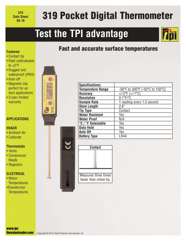 TPI 319 Pocket Digital Thermometer product document