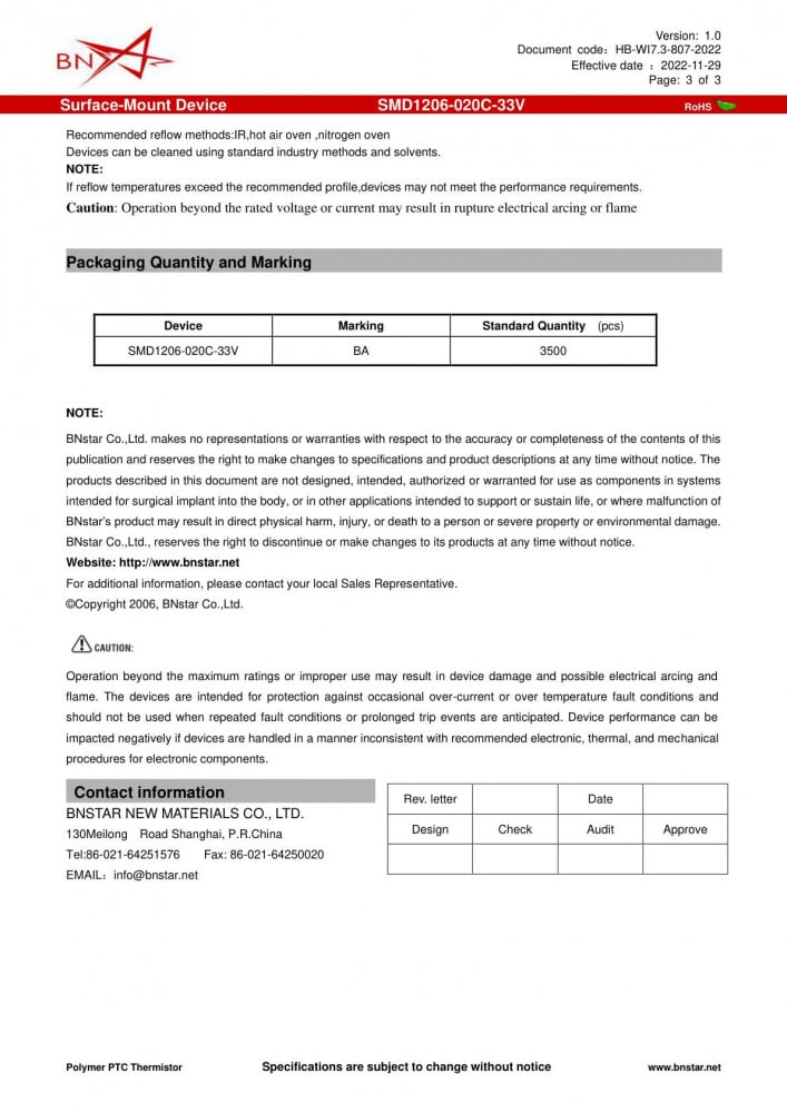 BNstar SMD1206-020C-33V datasheet page 3