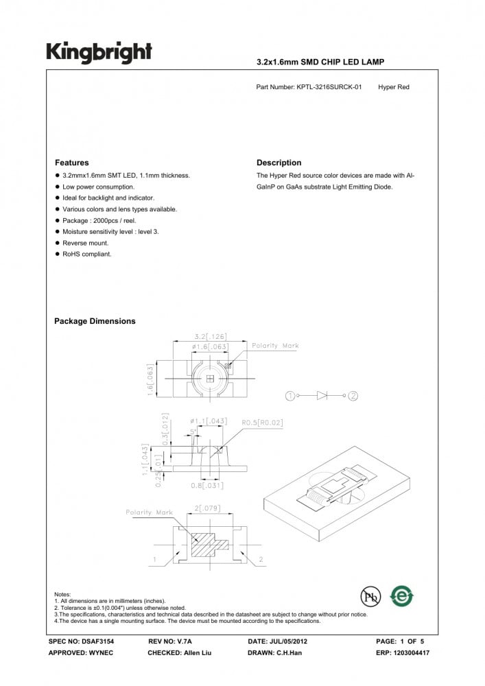 KPTL-3216SURCK-01 datasheet page 1