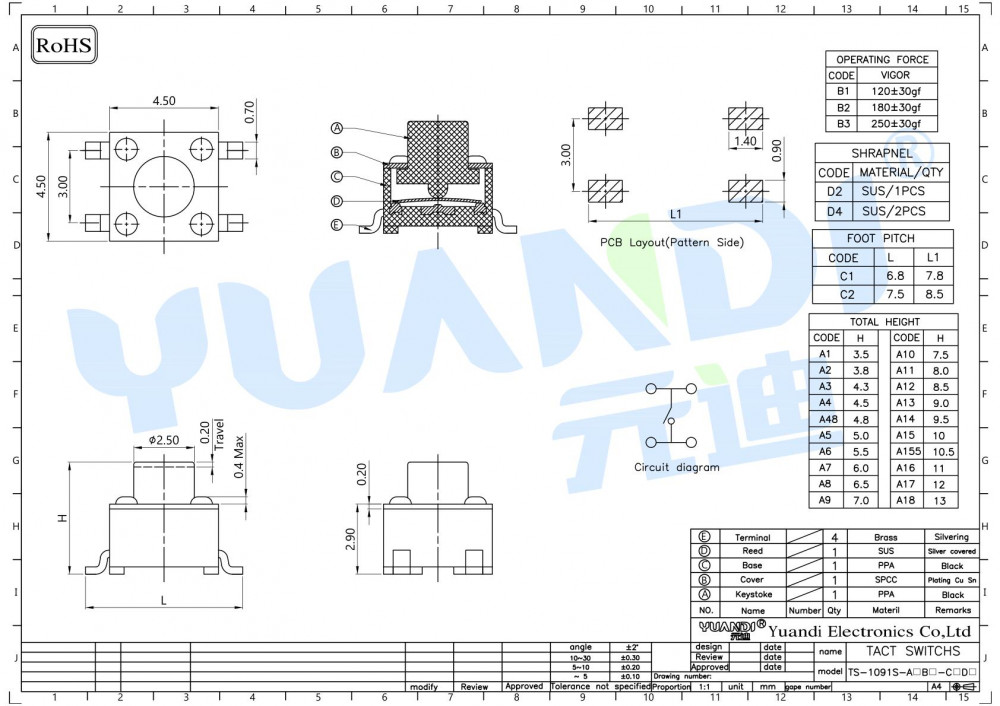 Yuandi TS-1091S tactile switch technical drawing page 1