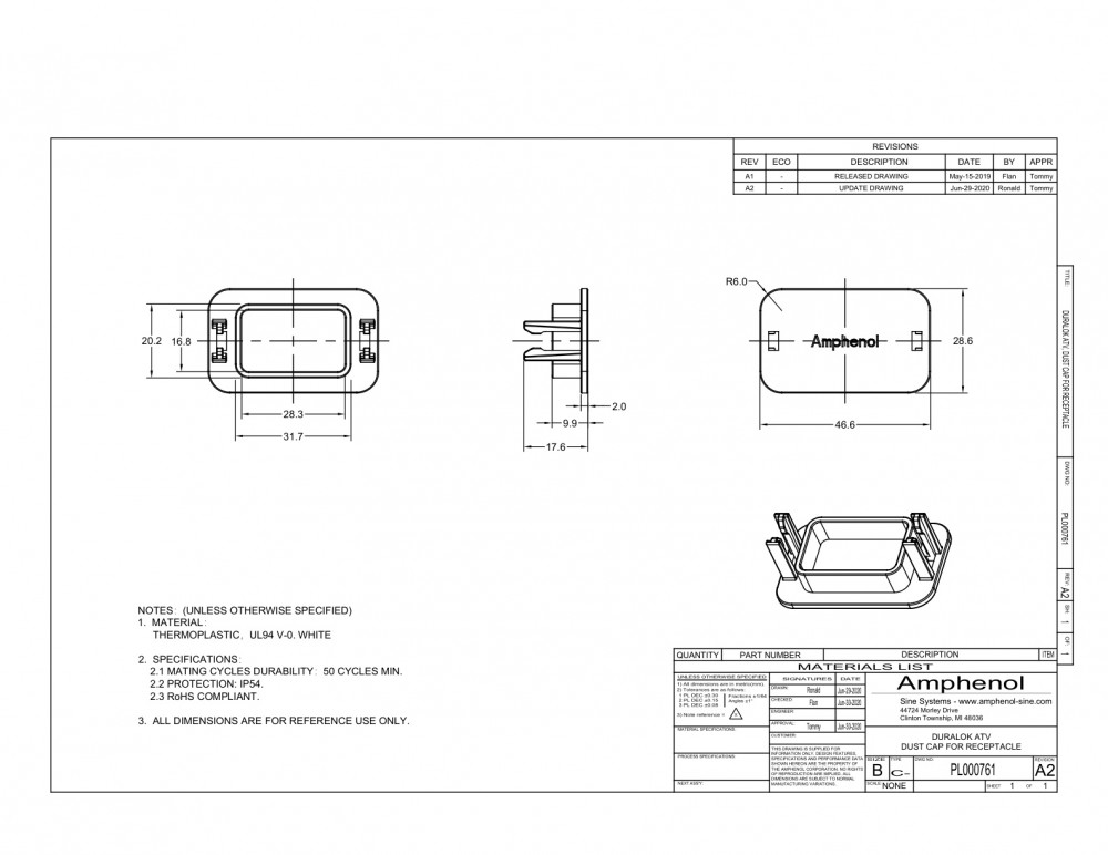 Amphenol PL000761 technical drawing
